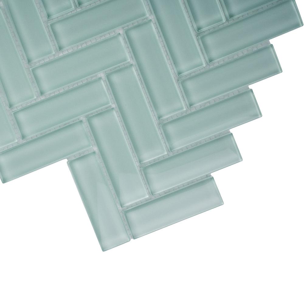 Pale Aqua Herringbone Glass Tile | Colorful Backsplash, Shower, Pool