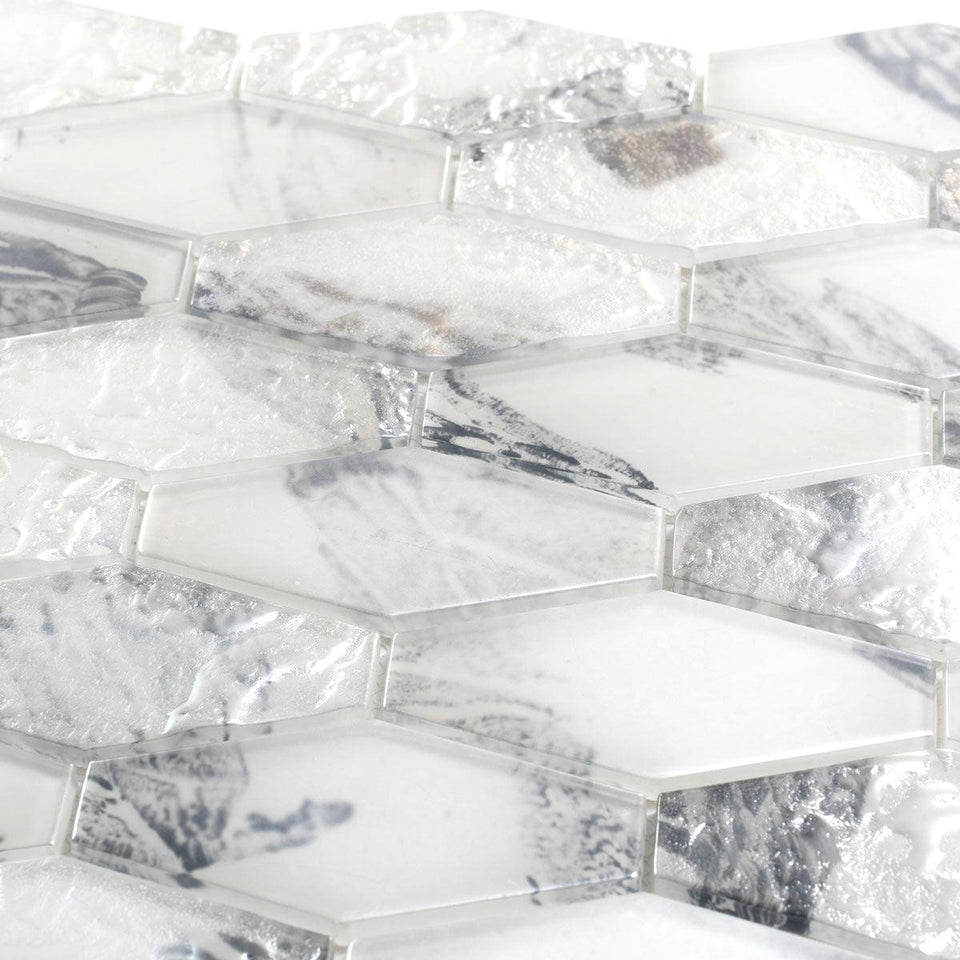 Frozen Dreams Elongated Hex Glass Mosaic Tile | Gray and White ...