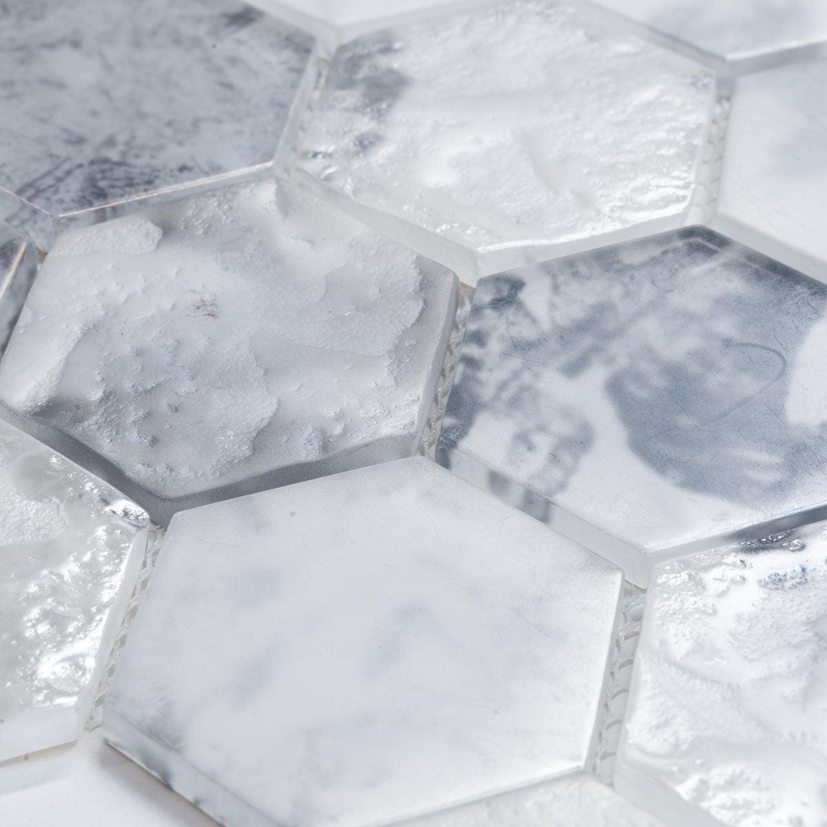 Frozen Dreams Hexagon Glass Mosaic Tile | Gray and White Backsplash