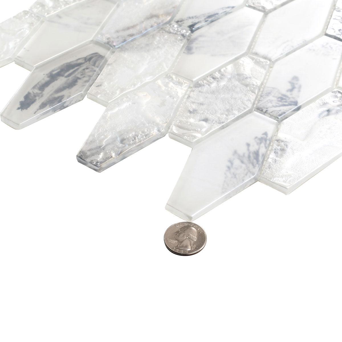 Frozen Dreams Elongated Hex Glass Mosaic Tile | Gray and White Backsplash
