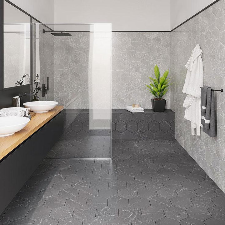 Cosmo Black Marbled Porcelain Hexagon Tile | Tile Club