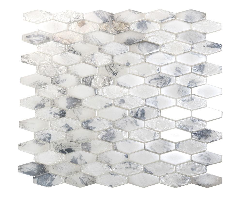 Frozen Dreams Elongated Hex Glass Mosaic Tile | Gray and White Backsplash