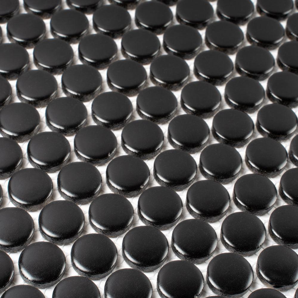 Matte Black Buttons Porcelain Penny Round Tile | Shower Walls, Floors, Pool