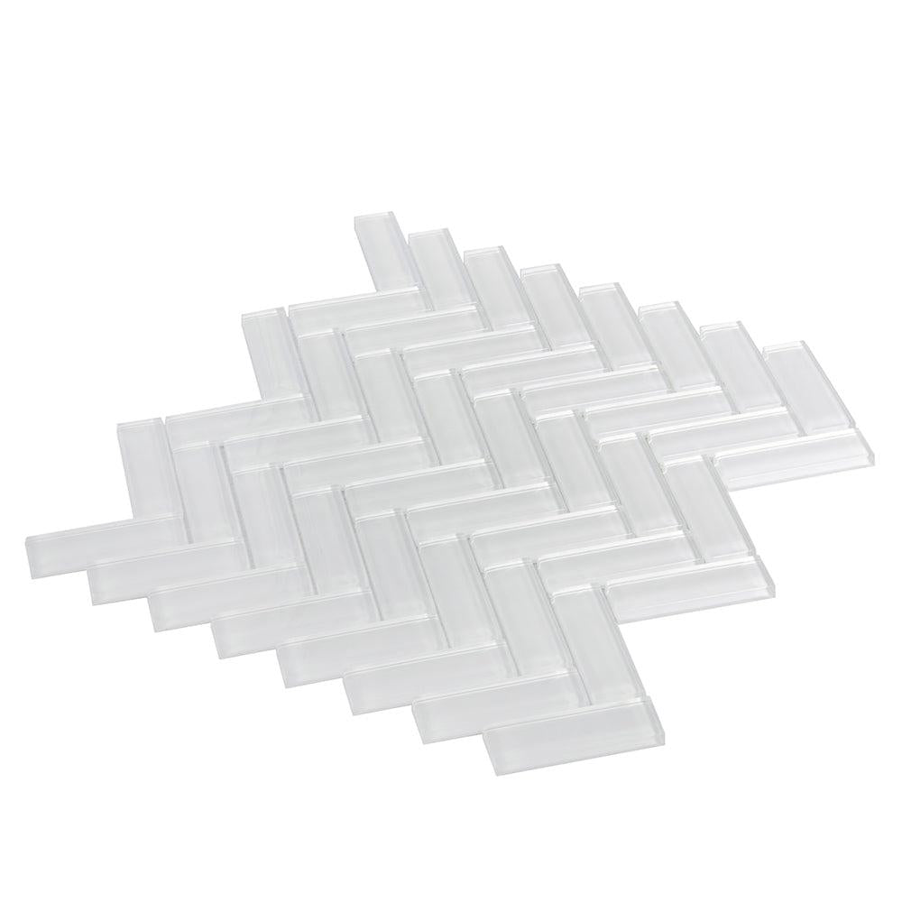 Ice White Herringbone Glass Tile | Shower Floor, Backsplash