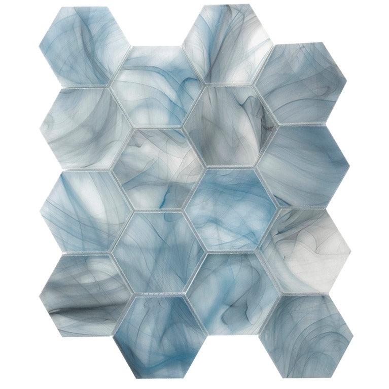 Sea Glass Hexagon Blue Mosaic Tile | Swirled Artisan Glass