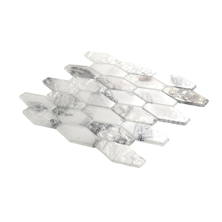 Frozen Dreams Elongated Hex Glass Mosaic Tile | Gray and White Backsplash
