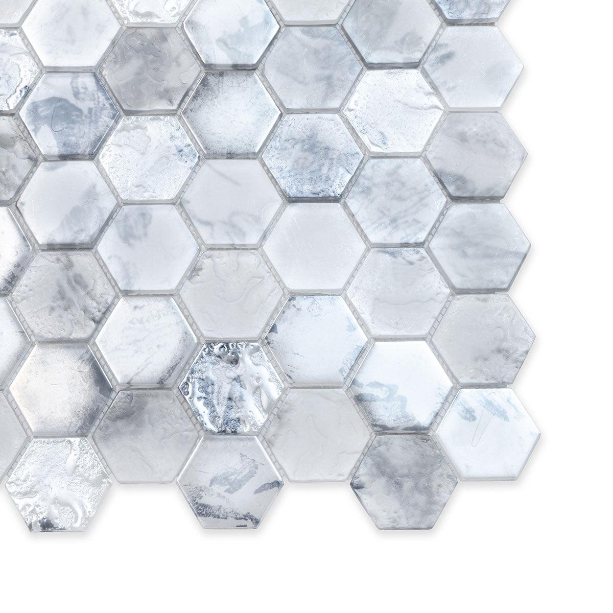 Frozen Dreams Hexagon Glass Mosaic Tile | Gray and White Backsplash