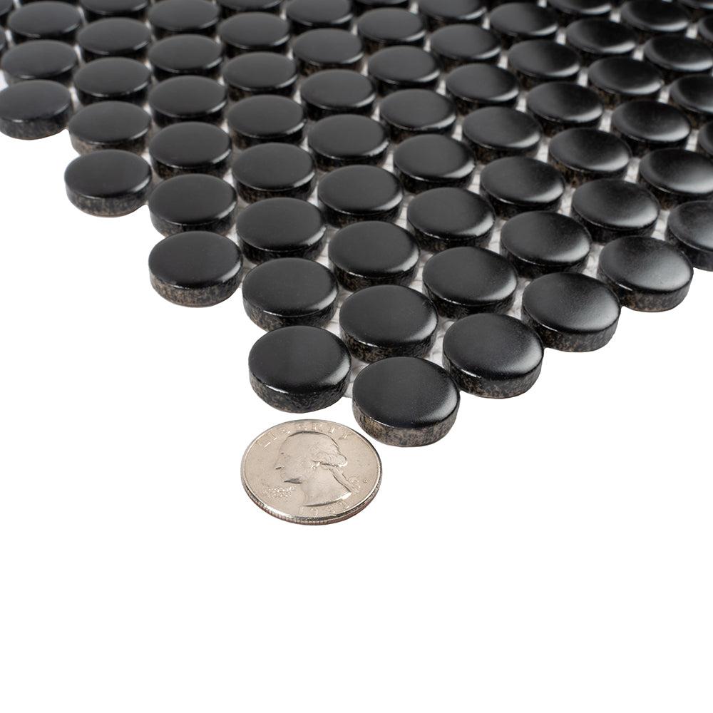 Matte Black Buttons Porcelain Penny Round Tile | Shower Walls, Floors, Pool