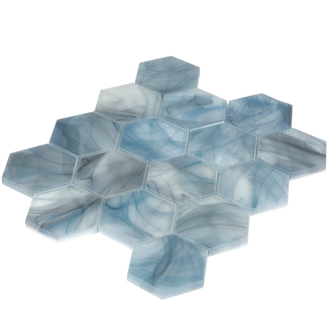 Sea Glass Hexagon Blue Mosaic Tile | Swirled Artisan Glass