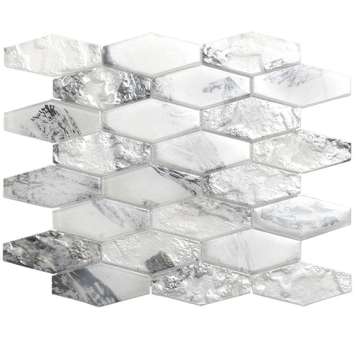 Frozen Dreams Elongated Hex Glass Mosaic Tile | Gray and White Backsplash