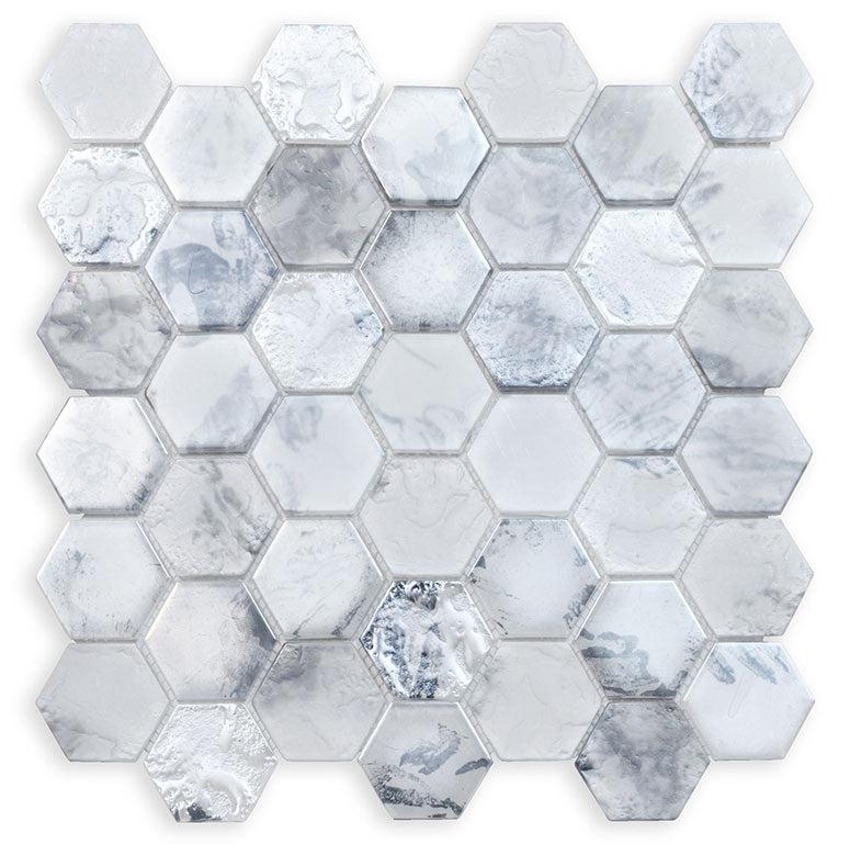 Frozen Dreams Hexagon Glass Mosaic Tile | Gray and White Backsplash
