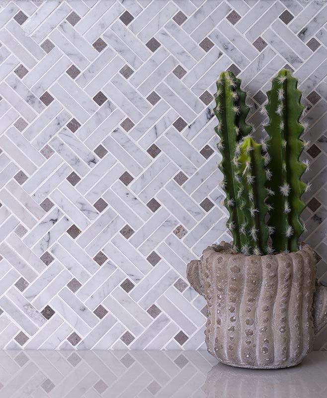 Diagonal Double Weave Carrara Marble Mosaic Tile | Tile Club