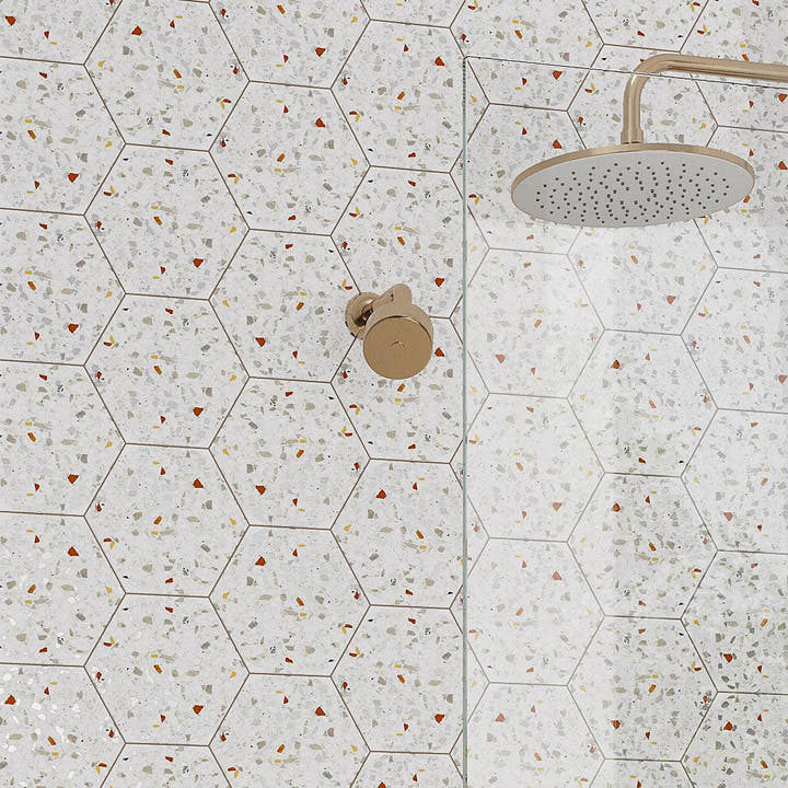 Desert Sand Terrazzo Hex Porcelain Tile | Speckle Patterned Floors