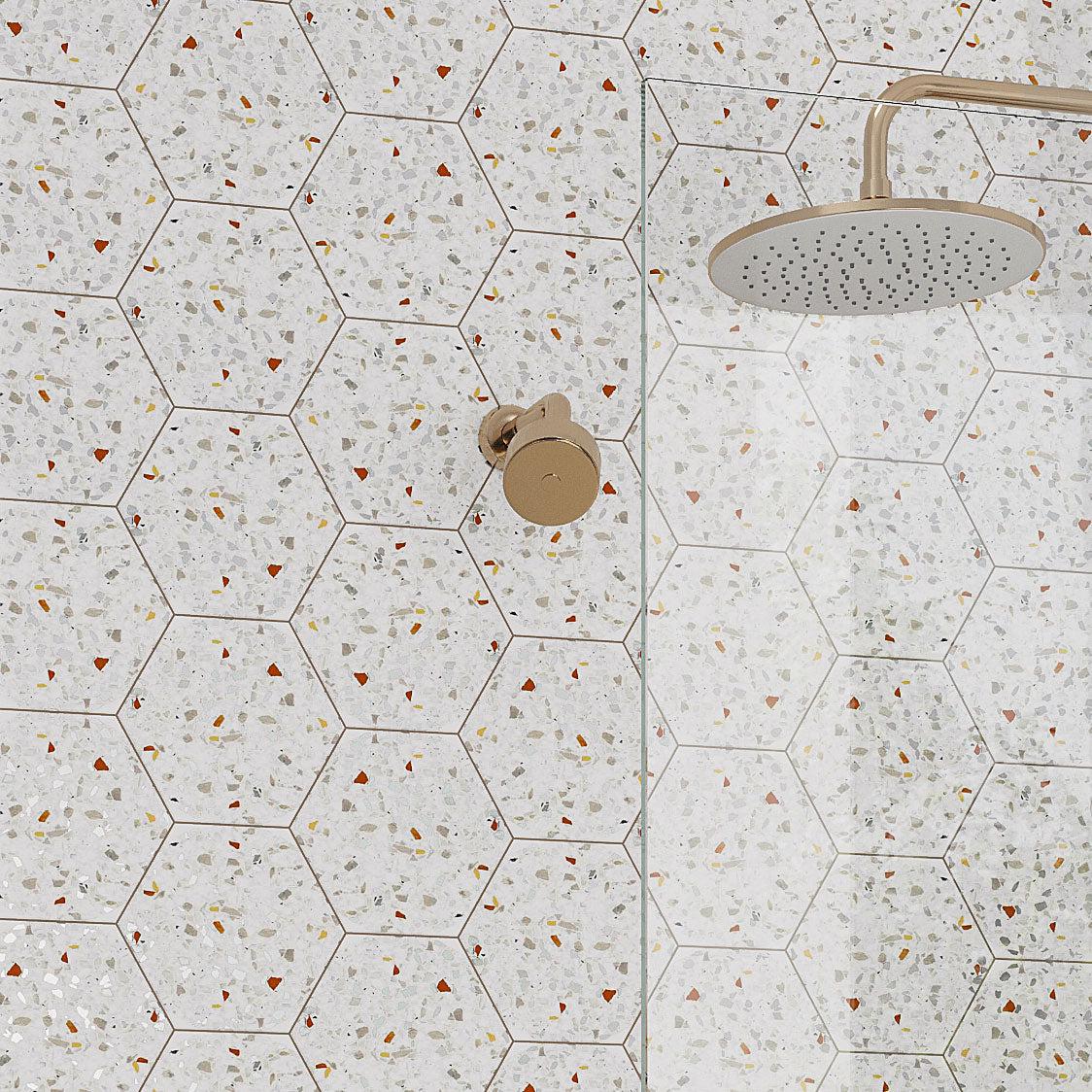 Desert Sand Terrazzo Hex Porcelain Tile | Speckle Patterned Floors