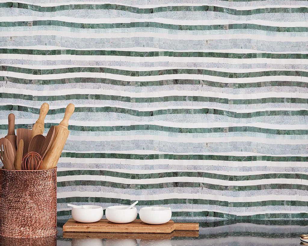 Envy Green and Thassos Waterfall Marble Mosaic Tile | Tile Club