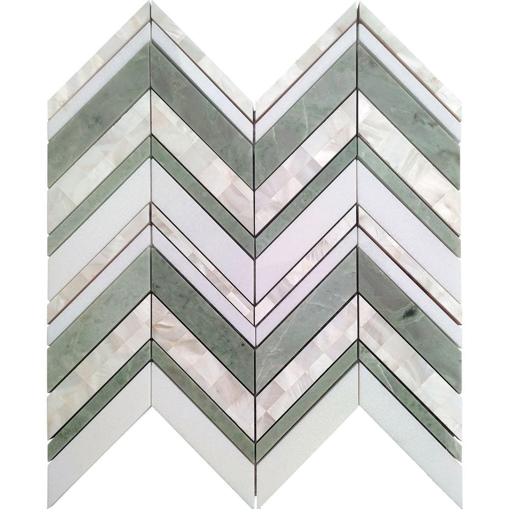 Envy Chevron Pearl Green Marble and Shell Tile | Tile Club