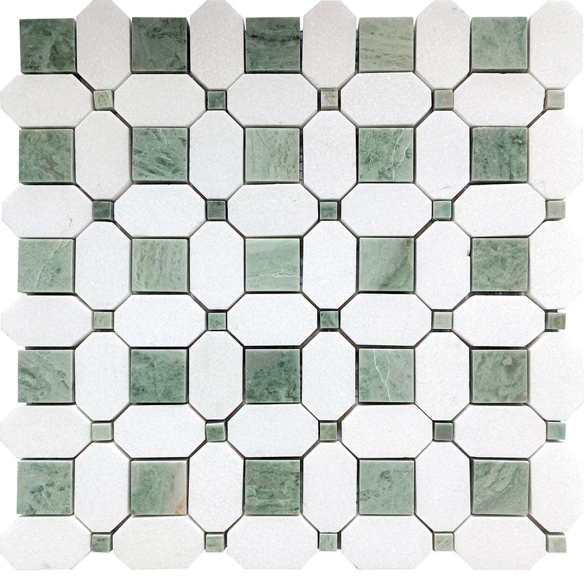Envy Green Octagon and Thassos Square Marble Mosaic Tile Sample Swatch ...