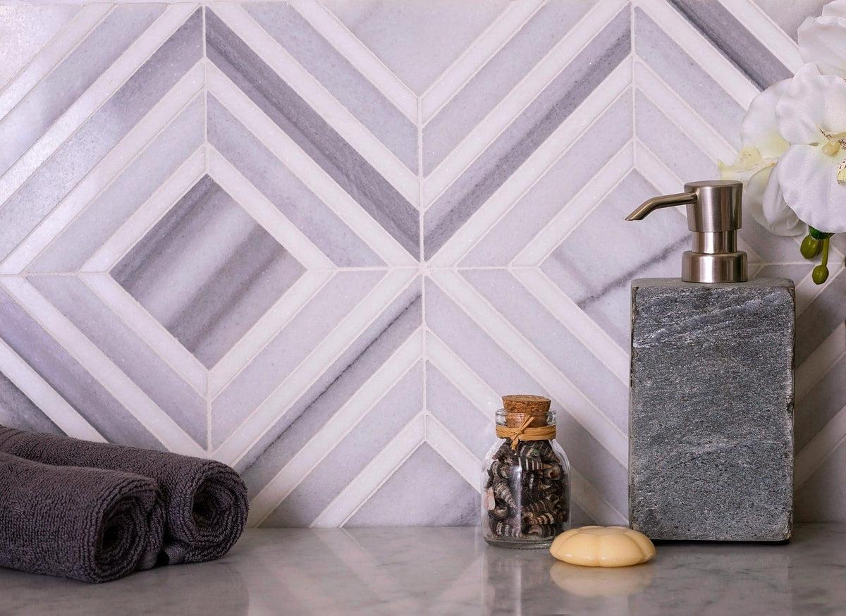 Equator Diamond & Square Mosaic Tile | Gray and White Stone