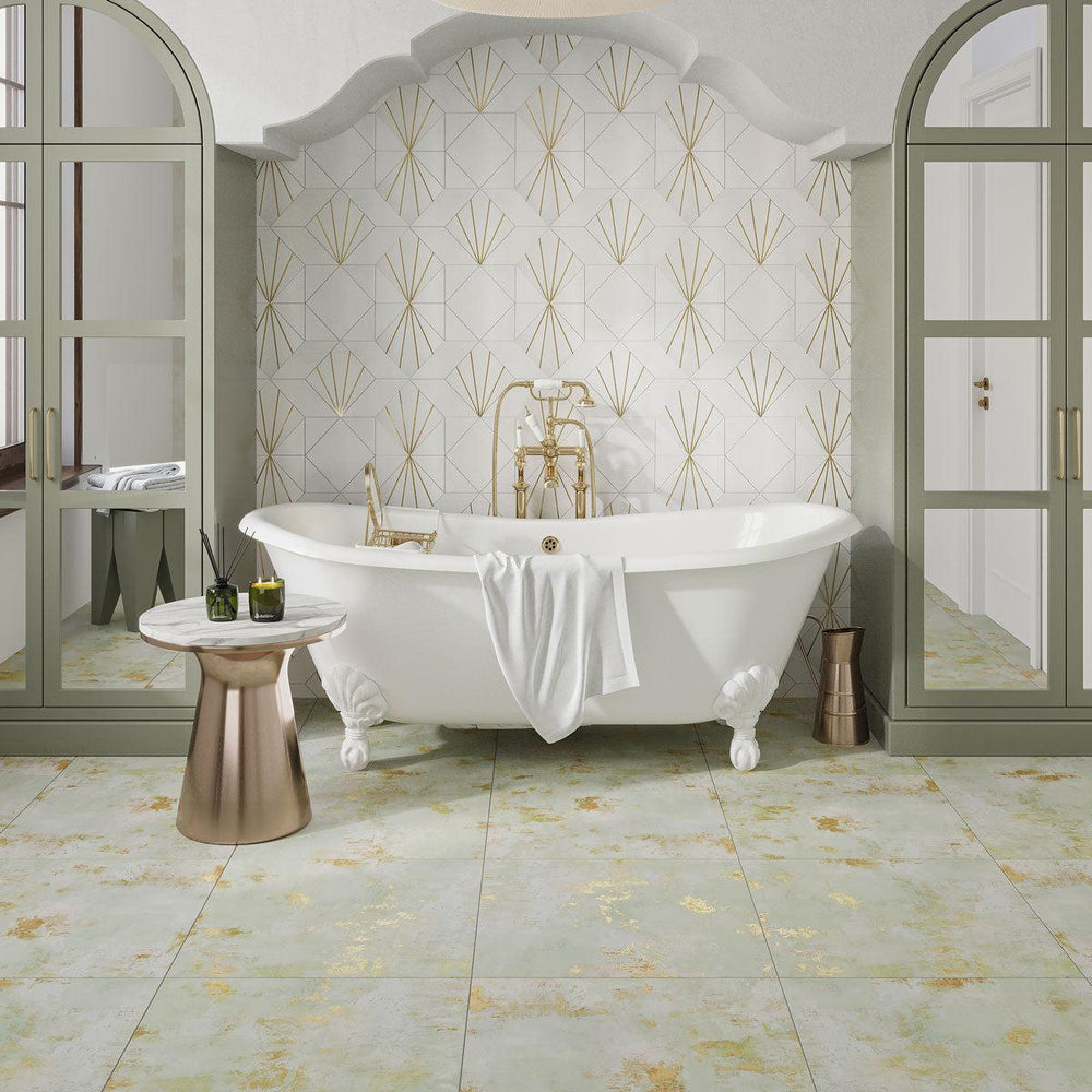 Art Deco White Marble and Brass Inlay Mosaic Tile | Tile Club