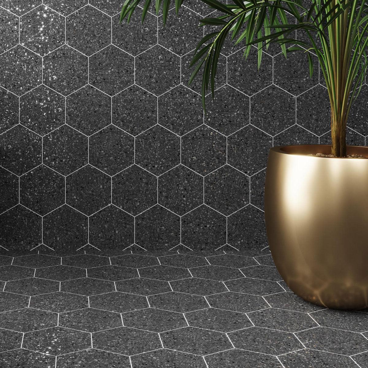 Graphite Gray Terrazzo Hex Porcelain Tile | Tile Club