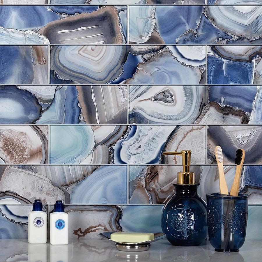 3" x 12" Agate Crystal Blue Geode Glass Tile | Tile Club