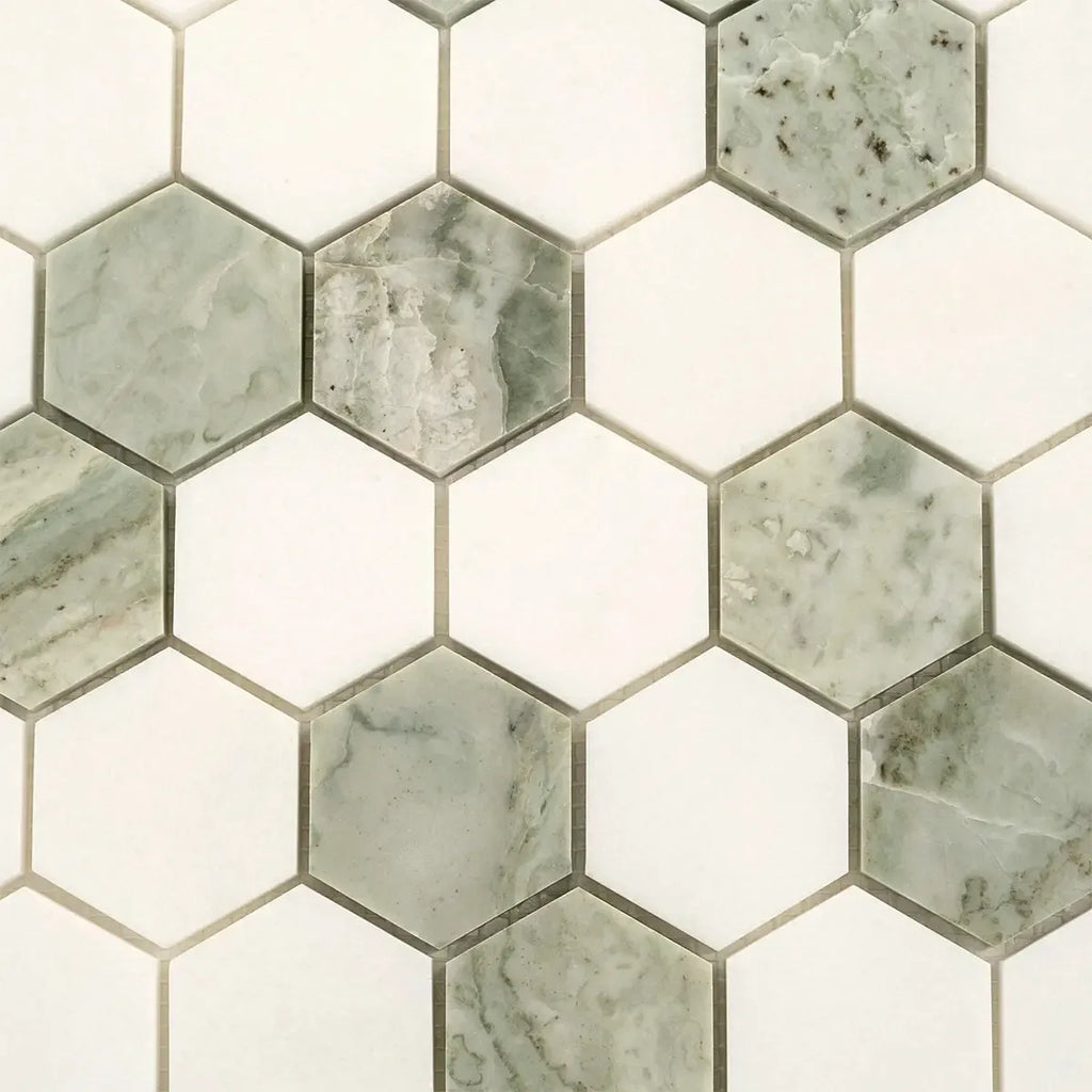 Envy Green & White Marble Hexagon Mosaic Tile Sample | Tile Club