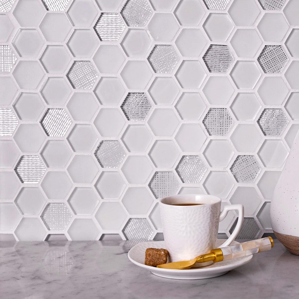 Ice White Hexagon Glass Mosaic Tile | Shower Floor, Backsplash