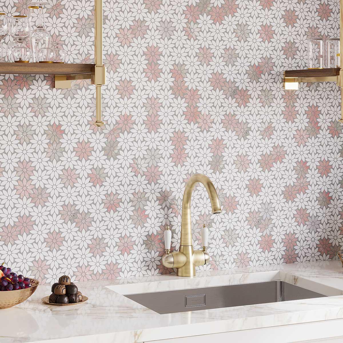 Meadow Norwegian Rose Flower Marble Mosaic Tile | Flower Wall and Floor ...