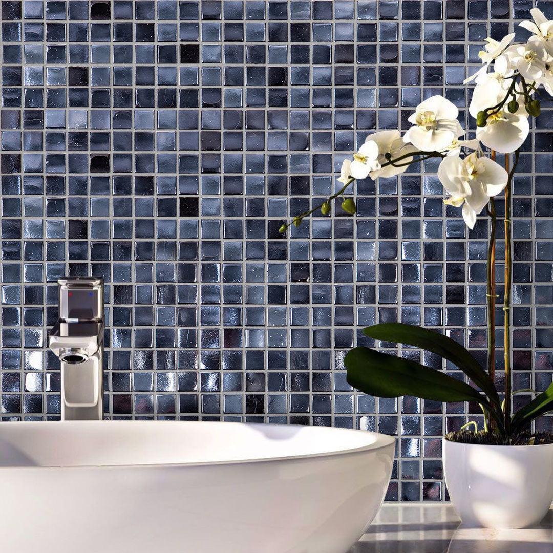 Pearly Denim Blue Squares Glass Pool Tile | Elegant Wall, Backsplash