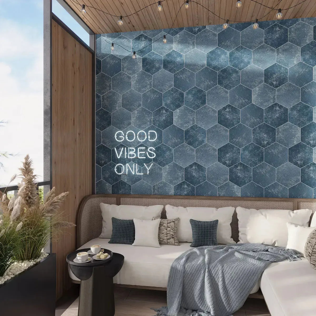 Portuguese Blue Dimension Hex Porcelain Tile for floors, walls, outdoors, pools and more!