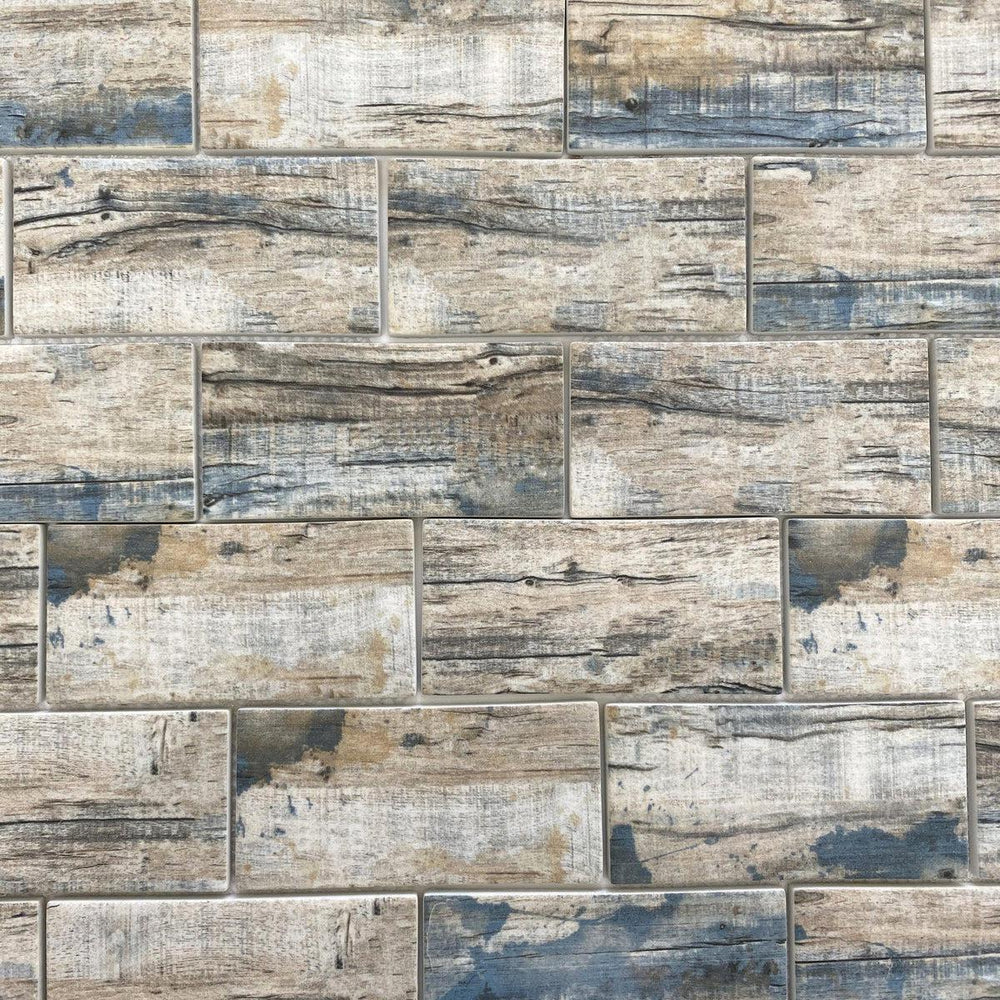 Recycled Glass Subway Mosaic Tile In Blue Wood Color