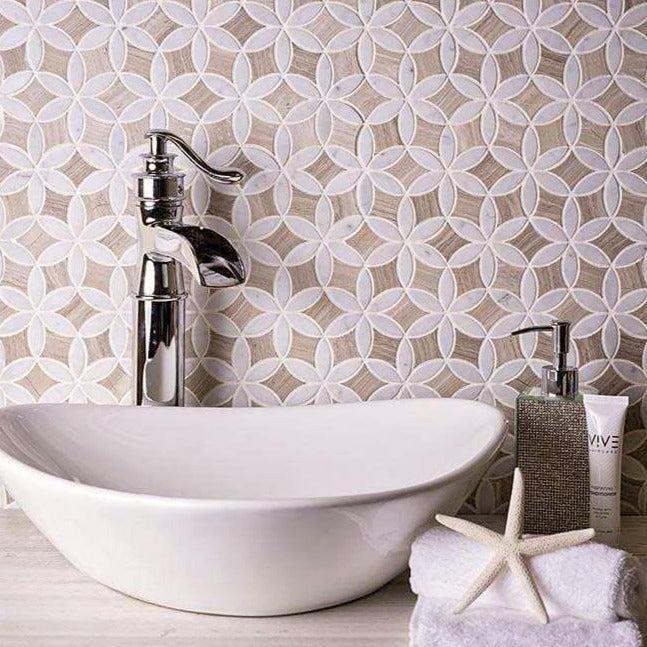 Roman Flower Wooden Beige And Carrara Marble Mosaic Tile | Patterned ...