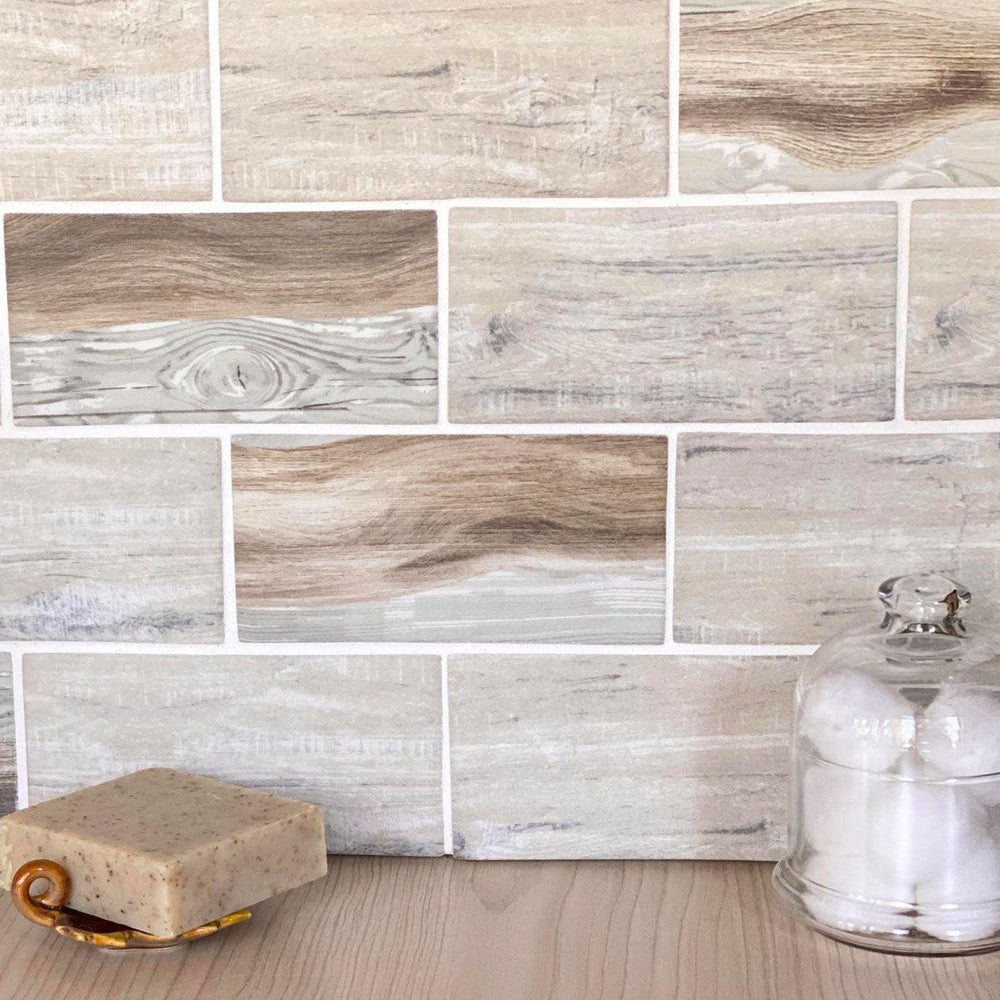 Recycled Glass Subway Mosaic Tile In Wood Color | Sustainable Home