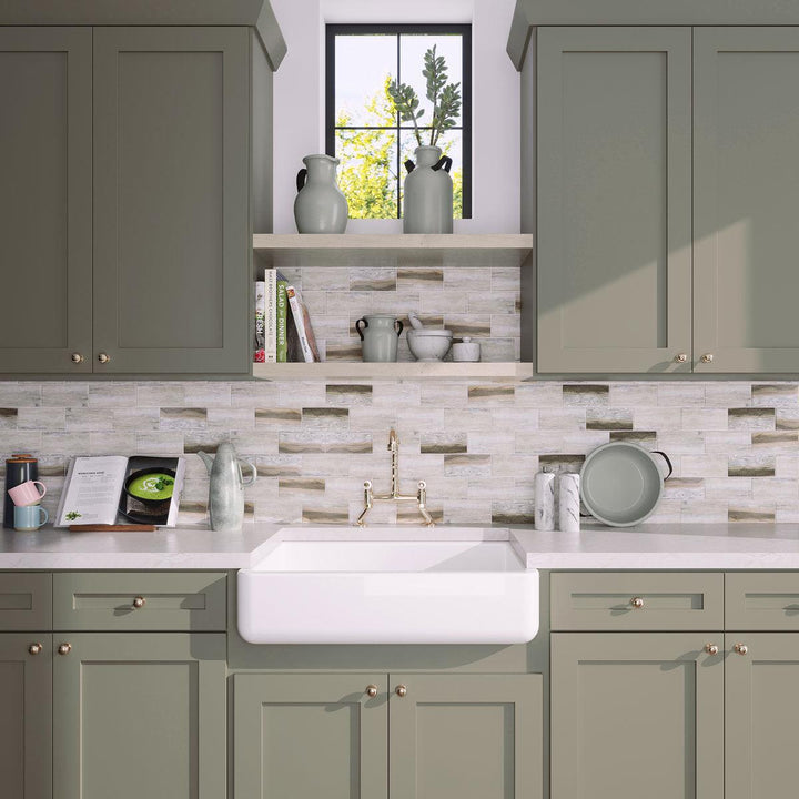 Recycled Glass Subway Mosaic Tile In Wood Color | Sustainable Home