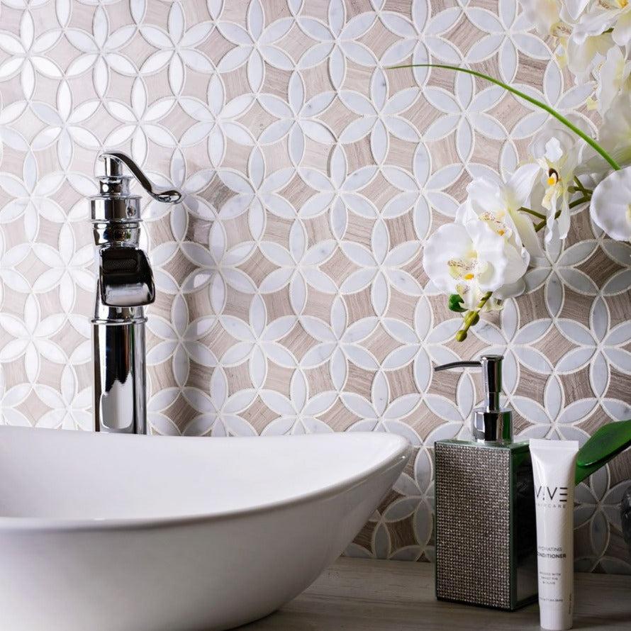 Roman Flower Wooden Beige And Carrara Marble Mosaic Tile | Patterned ...