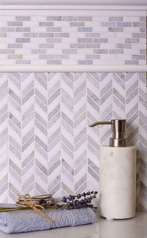 Thassos Carrara And Azul Cielo Mini Chevron Marble Mosaic Tile | Tile Club