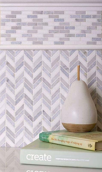 Thassos Carrara And Azul Cielo Mini Chevron Marble Mosaic Tile | Tile Club