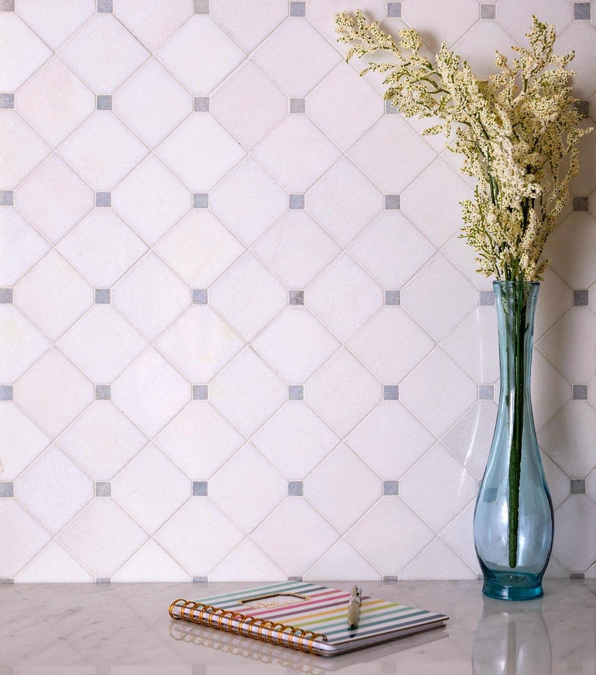 Thassos Diagonal Square and Blue Celeste Marble Tile Sample Swatch ...