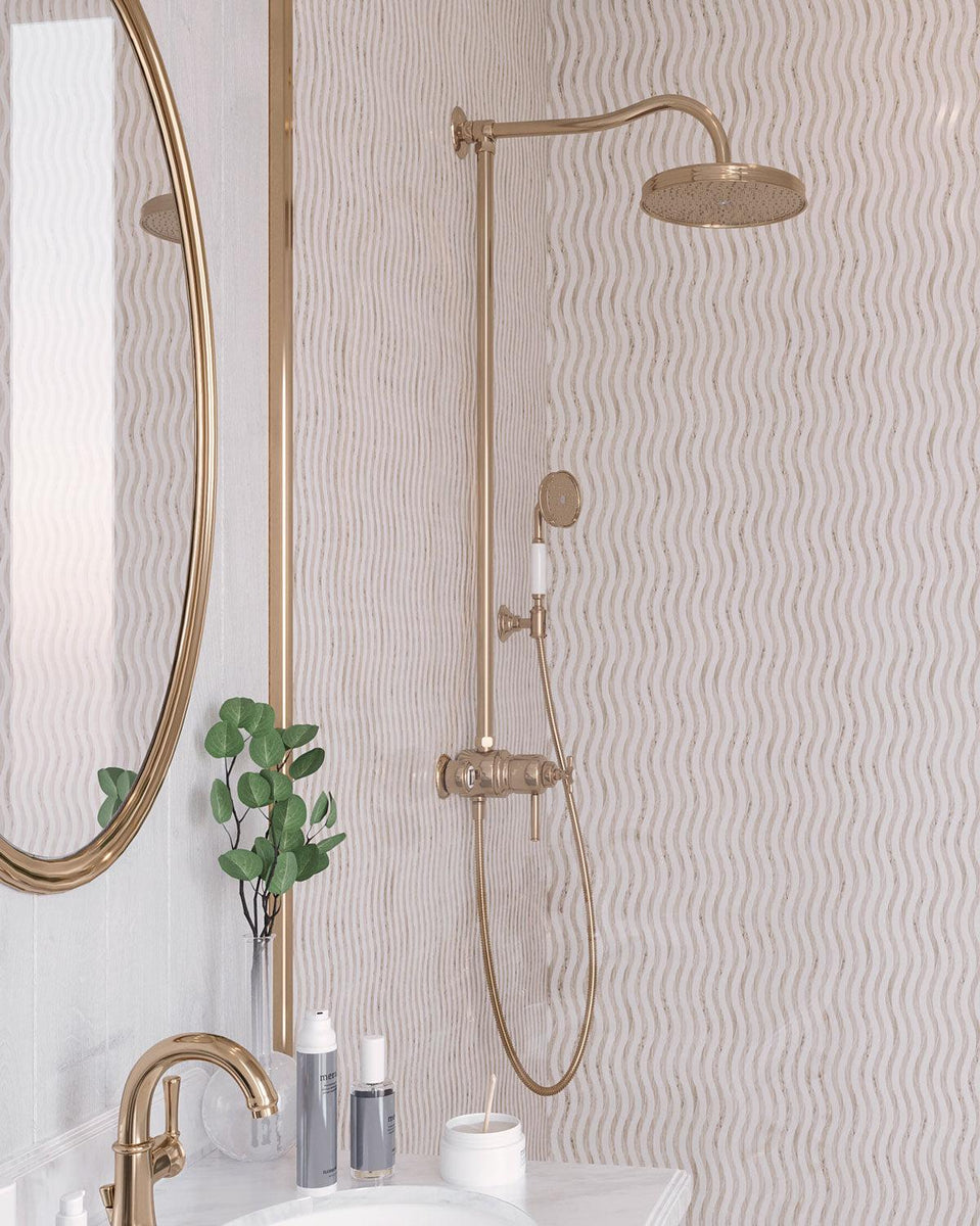 Waves Wooden Beige & Thassos Marble Mosaic Tile | Kitchen Backsplash ...