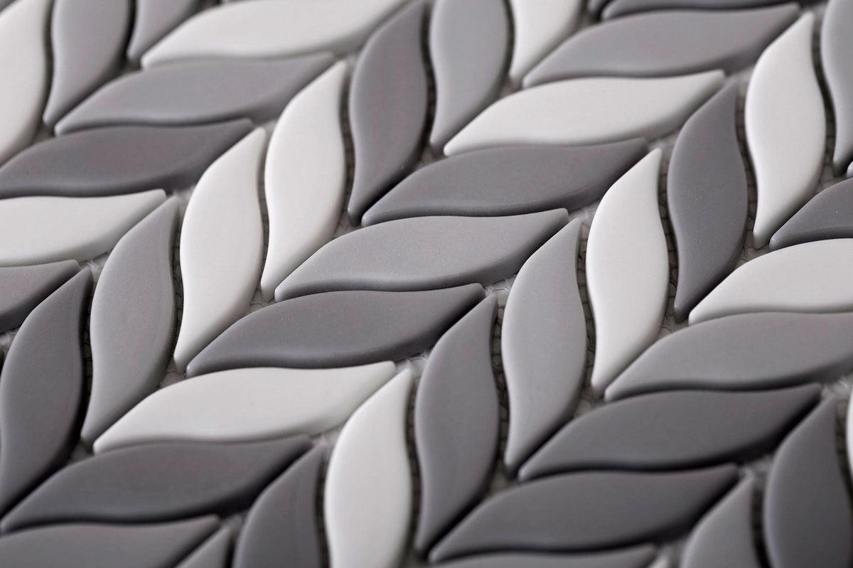 White And Grey Mixed Leaf Recycled Glass Mosaic Tile | Tile Club