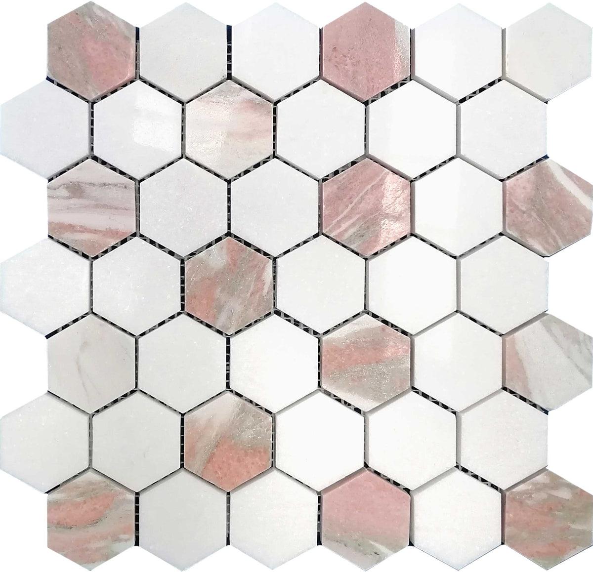 White and Pink Marble Hexagon Mosaic Tile | Norwegian Rose