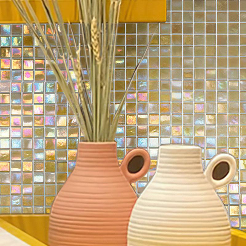 Amber Pearlescent Squares Glass Tile | Shower, Backsplash, Floor