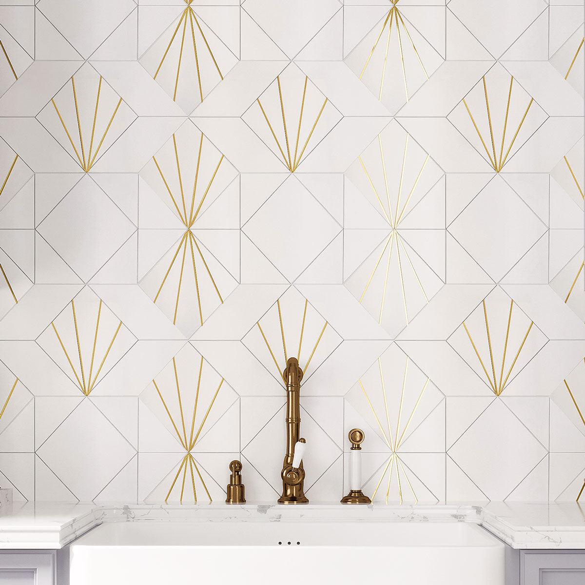 Art Deco White Marble and Brass Inlay Mosaic Tile