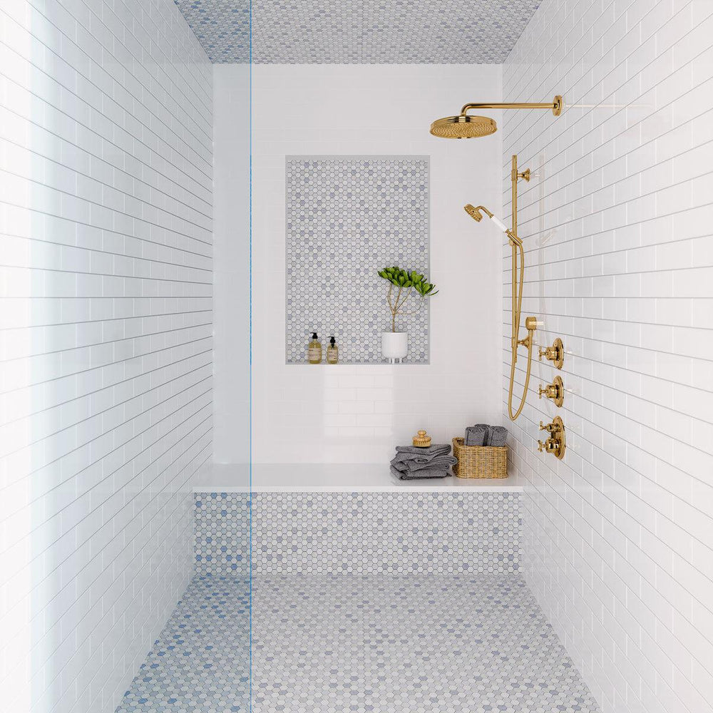 Azul Cielo Thassos And Carrara 1" Hexagon Marble Mosaic Tile Polished