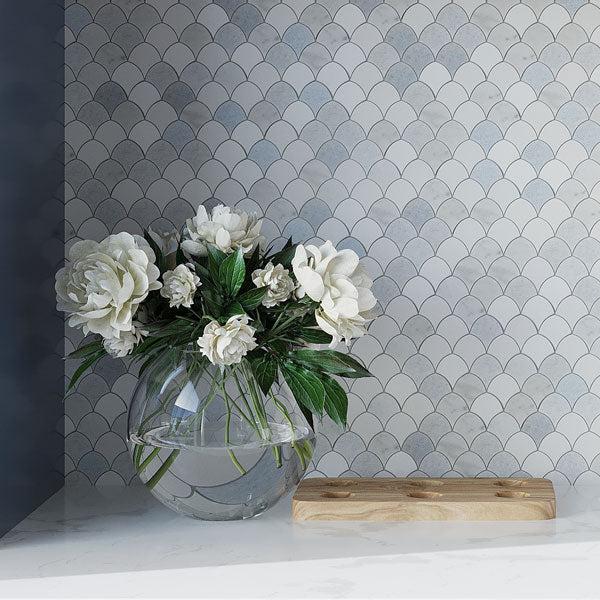 Azul Cielo Thassos And Carrara Mini Scale Marble Mosaic Tile | Online ...