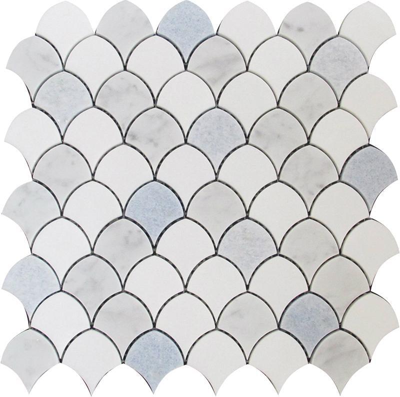 Azul Cielo Thassos And Carrara Mini Scale Marble Mosaic Tile Sample ...