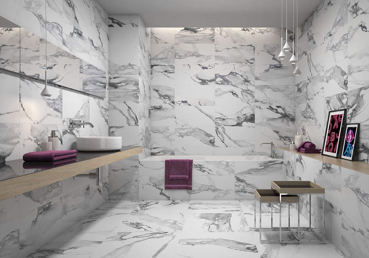 Rectangle Crash Blanco 36x72 Matte Calacatta Porcelain Tile | Happy Floors