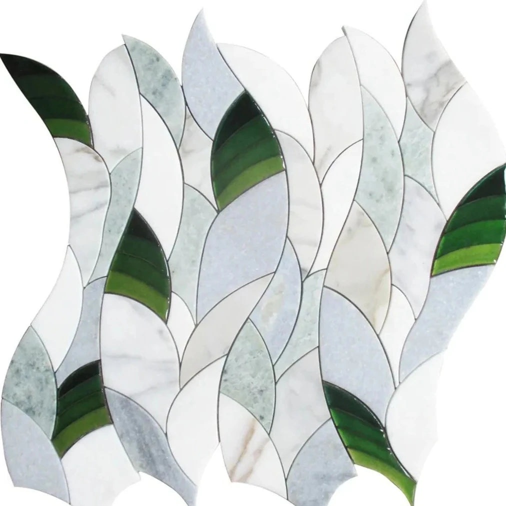 Botanical Waves Green Glass and Marble Mosaic Tile | Tile Store Online ...