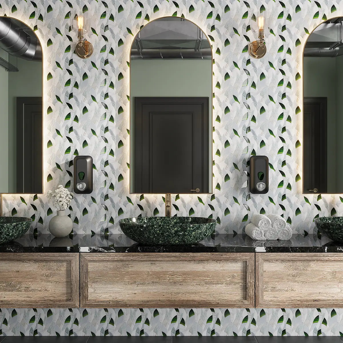 Botanical Waves Green Glass and Marble Mosaic Tile | Tile Club