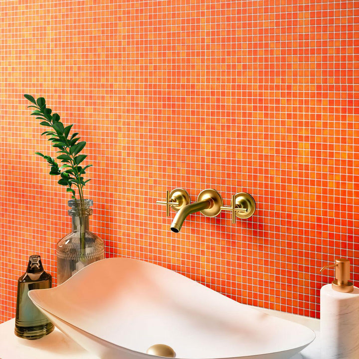 Bright Orange Squares Glass Pool Tile | Bold and Colorful Swimming Pool